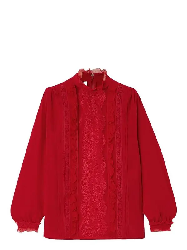 Versace Lace-trimmed Ruffled Silk Blouse - Red
