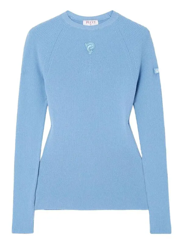 Emilio Pucci Appliquéd Ribbed Wool-blend Sweater - Light Blue