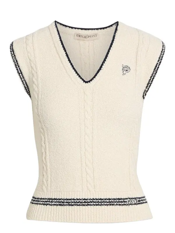 Emilio Pucci Striped Embroidered Cable-knit Cotton-blend Vest - Ecru
