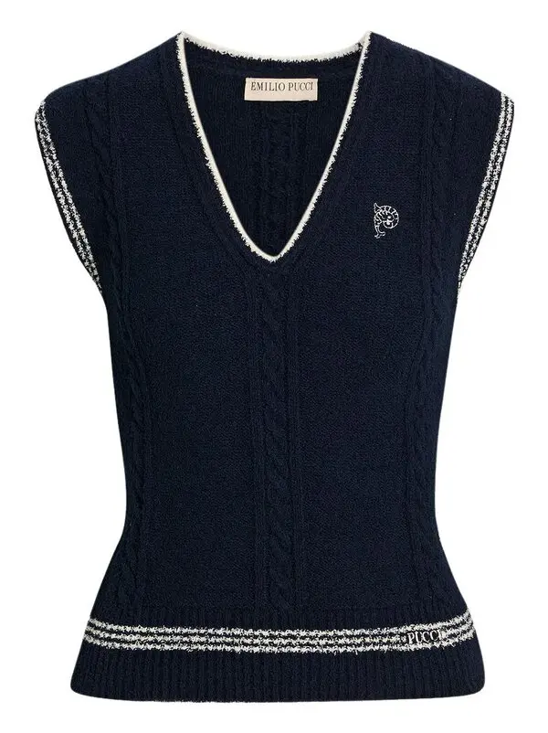 Emilio Pucci Striped Embroidered Cable-knit Cotton-blend Vest - Navy