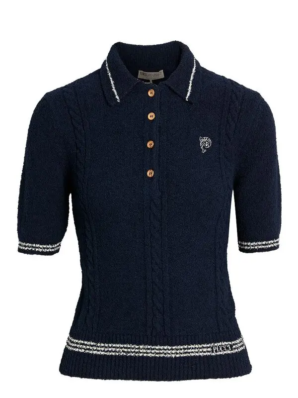 Emilio Pucci Striped Embroidered Cable-knit Polo Shirt - Navy