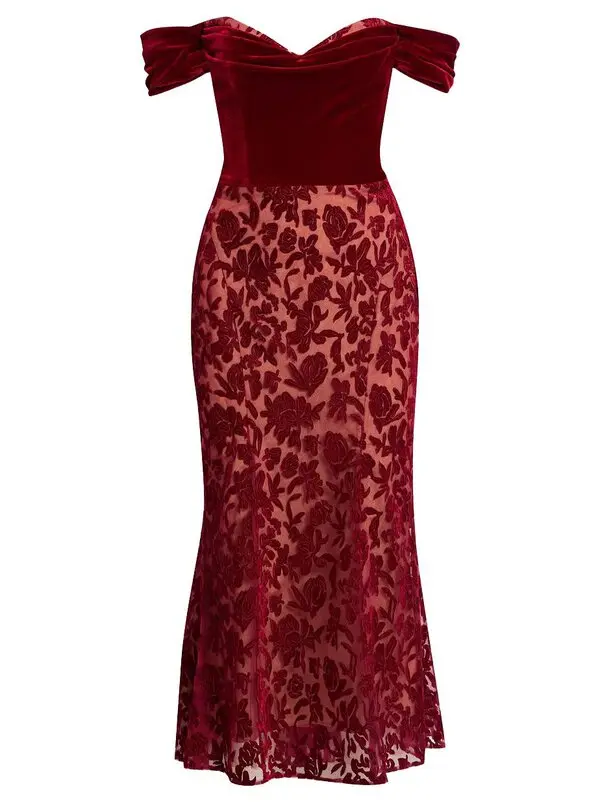 Marchesa Off-the-shoulder Devoré-velvet Midi Dress - Burgundy