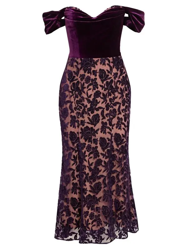 Marchesa Off-the-shoulder Devoré-velvet Midi Dress - Dark Purple