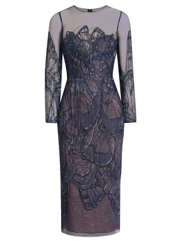 Marchesa Embellished Tulle Midi Dress - Navy