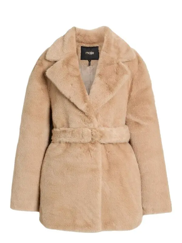 Maje Belted Plush Coat - Sand
