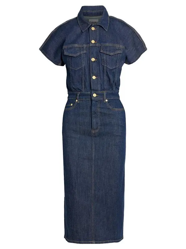 GANNI Embroidered Denim Midi Shirt Dress - Dark Denim