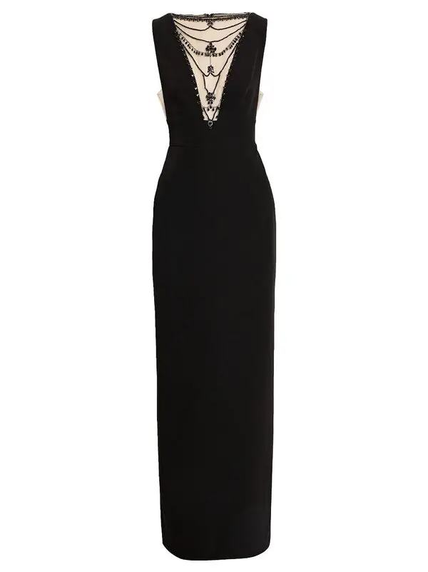 Marchesa Embellished Tulle-paneled Cady Gown - Black