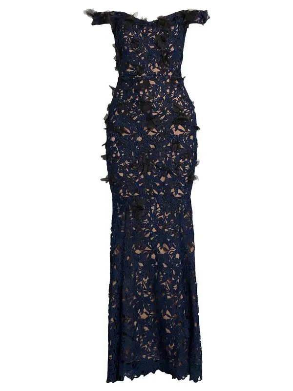 Marchesa Off-the-shoulder Guipure Lace Gown - Navy
