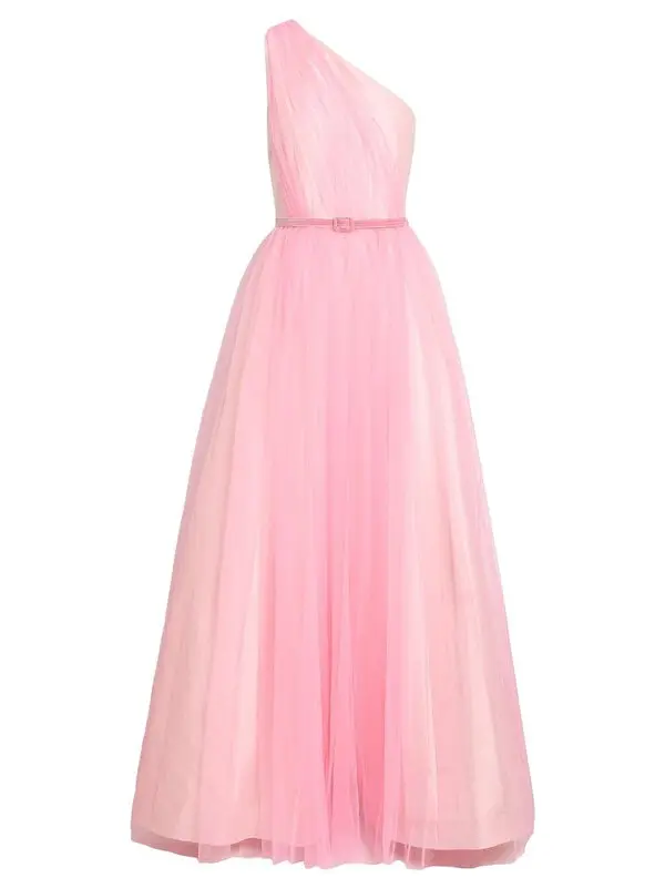 Badgley Mischka One-shoulder Tulle And Satin-crepe Gown - Pink