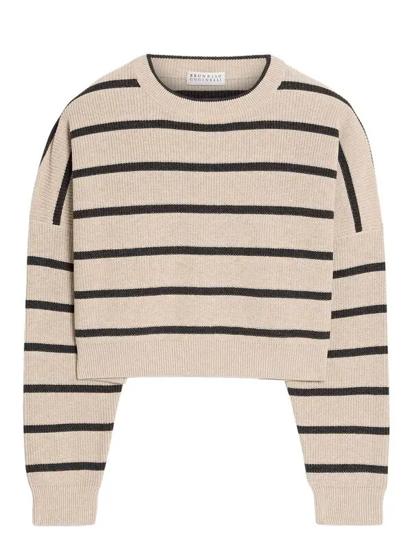 Brunello Cucinelli Cropped Striped Cotton Sweater - Beige