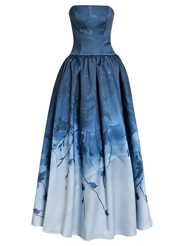 Marchesa Strapless Printed Mikado Gown - Blue