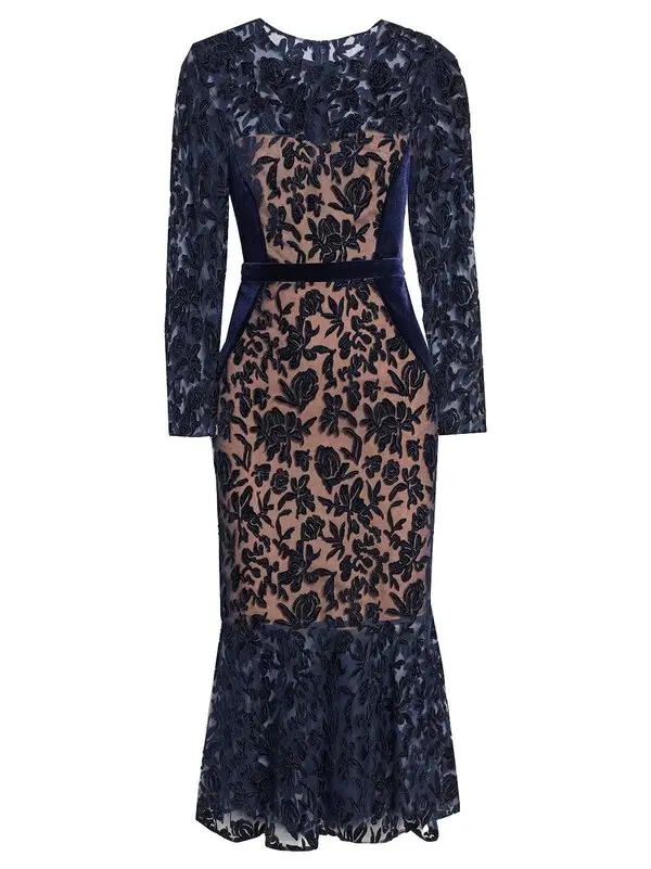 Marchesa Devoré Velvet Midi Dress - Midnight Blue
