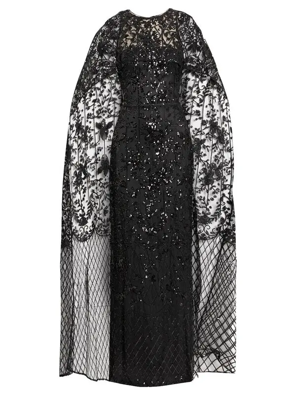 Marchesa Cape-effect Sequined Tulle Gown - Black