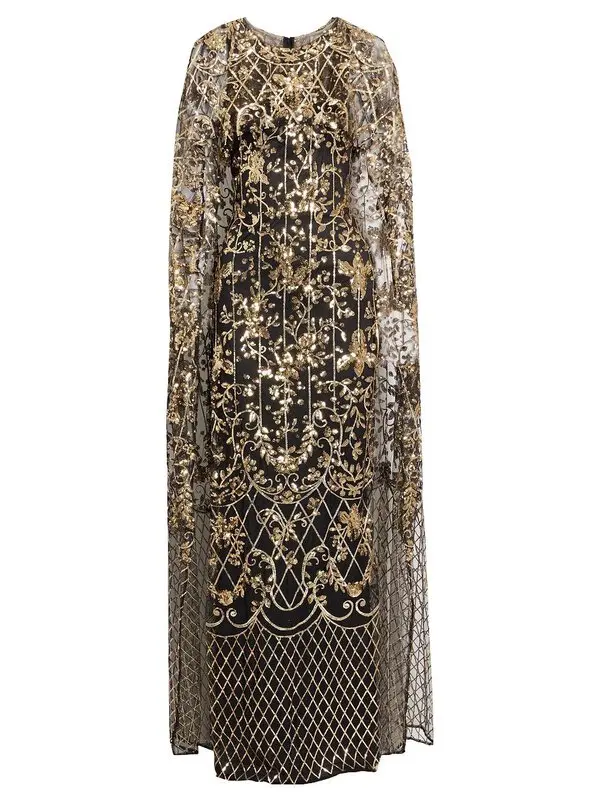 Marchesa Cape-effect Sequined Tulle Gown - Gold