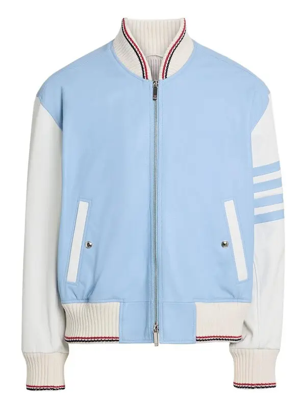 Thom Browne Two-tone Striped Leather Bomber Jacket - Light Blue