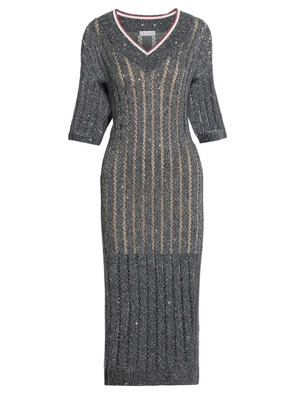 Brunello Cucinelli Sequin-embellished Open-knit Linen-blend Midi Dress - Navy