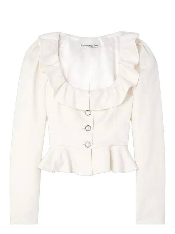 Alessandra Rich Embellished Ruffled Cropped Wool-crepe Jacket - Ivory