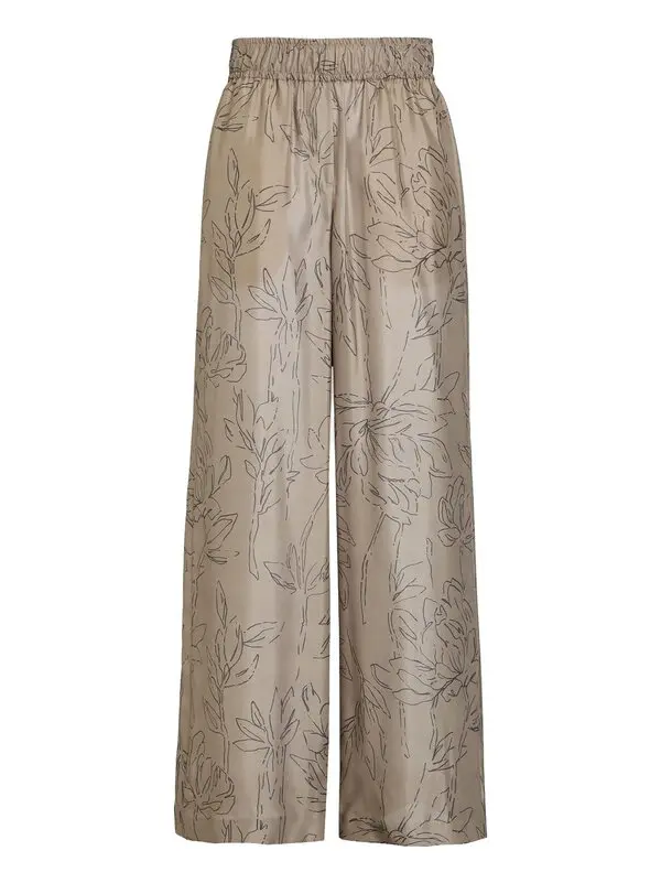 Brunello Cucinelli Printed Silk-satin Wide-leg Pants - Mushroom