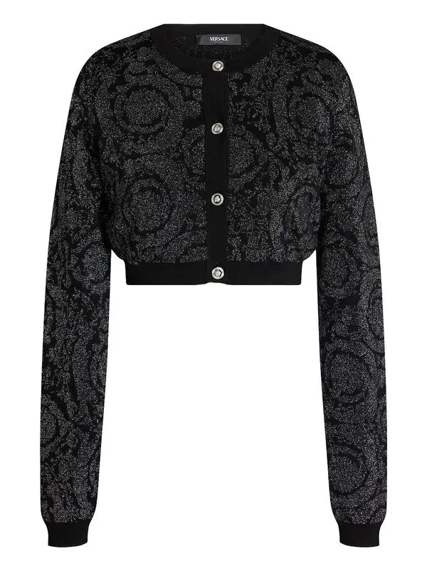 Versace Cropped Metallic Jacquard-knit Cardigan - Black