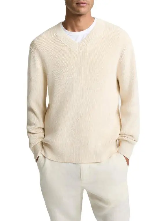 Vince Solid V-neck Cotton Blend Ribbed Sweater - Classic Cream