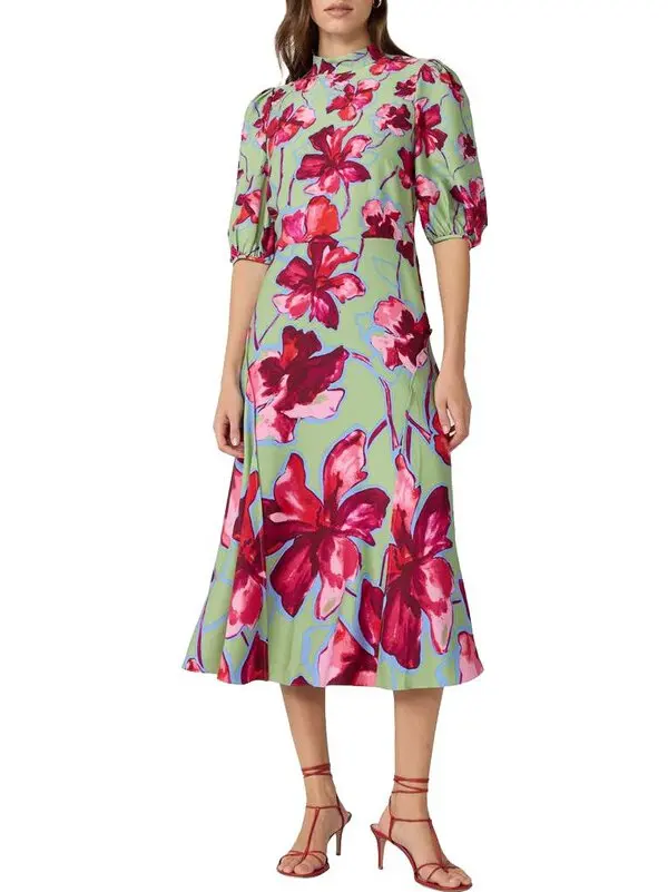 Diane Von Furstenberg Nella Floral Mock Neck Midi Dress - Hibiscus Smoke Degrade
