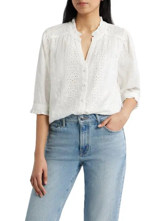 Wit & Wisdom Ruffle Collar Eyelet Button-up Shirt - Off White