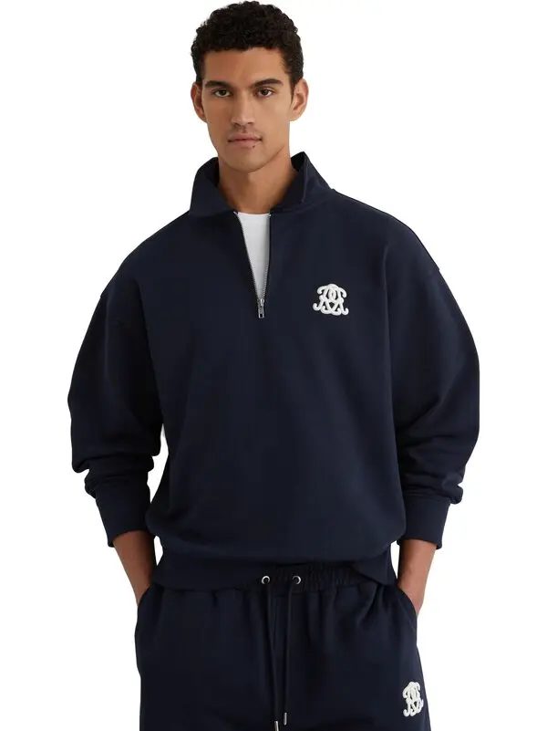 REISS Monogram Relaxed Half-zip Sweatshirt - Navy