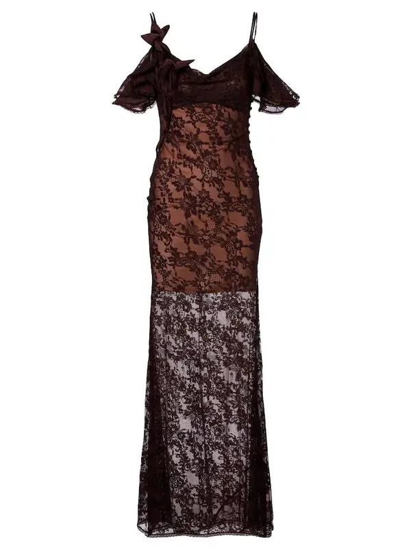 SELF-PORTRAIT Off-shoulder Lace Gown - Brown