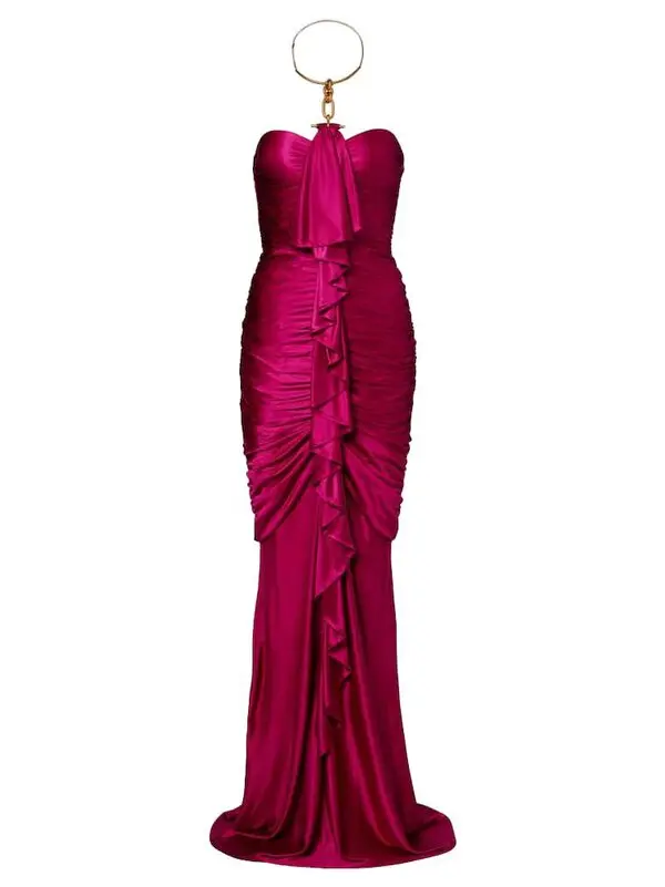Balmain Draped Ruffled Satin Bustier Gown - Pink