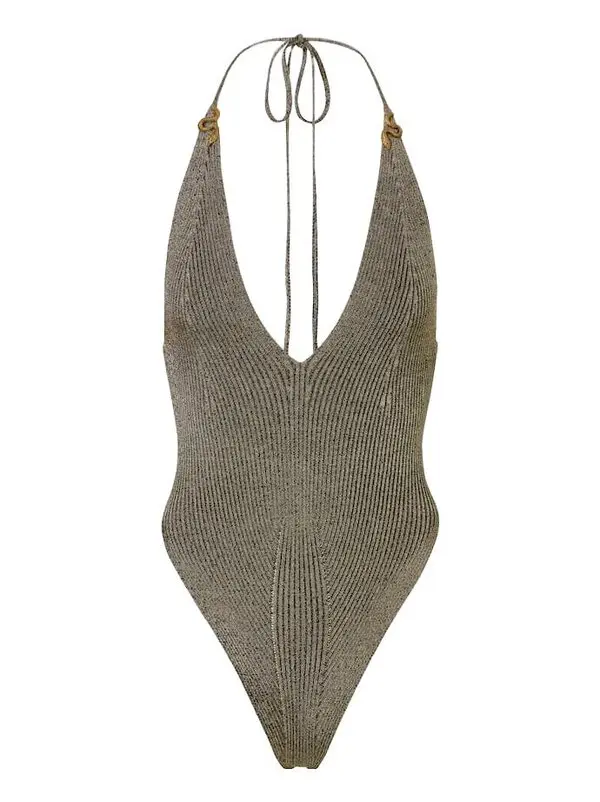 Roberto Cavalli Embellished Halterneck Lamé Bodysuit - Gold