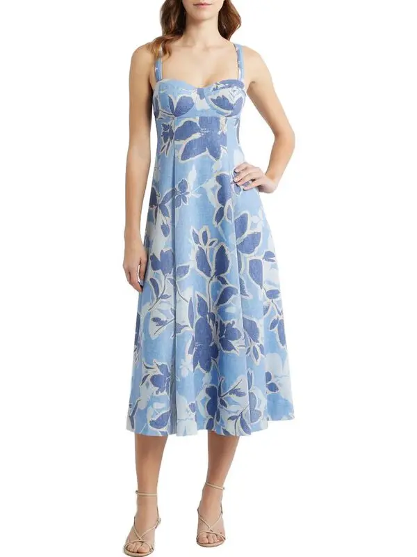 Moon River Floral Empire Waist A-line Midi Dress - Blue Multi