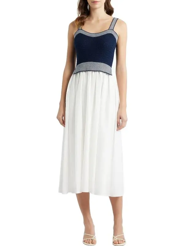 Moon River Crochet Top Mixed Media Midi Dress - Navy/off White
