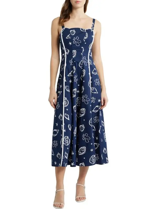 Moon River Shell Print Piped Cotton Midi Dress - Navy Multi