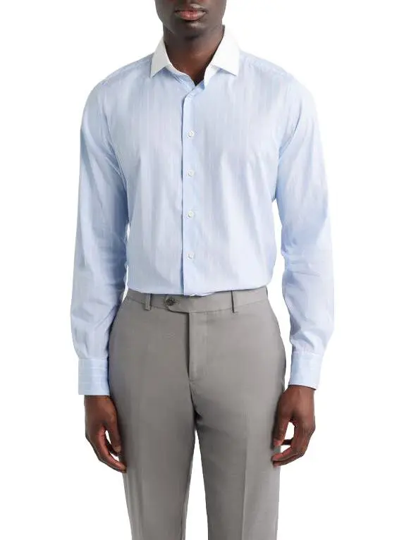 EMANUEL BERG Modern Fit Stripe Natural Stretch Yoga Twill Dress Shirt - Light Pastel Blue