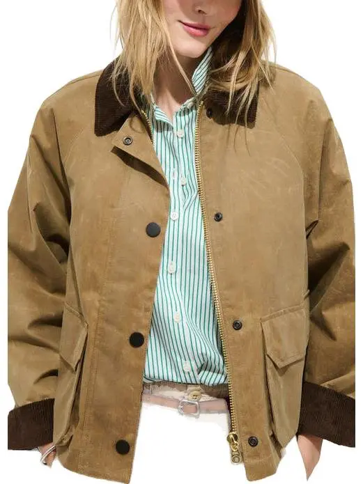 ALEX MILL Chiltern Corduroy Trim Waxed Cotton Crop Jacket - Vintage Khaki
