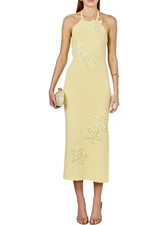 Endless Rose Beaded Flower Halter Midi Dress - Butter