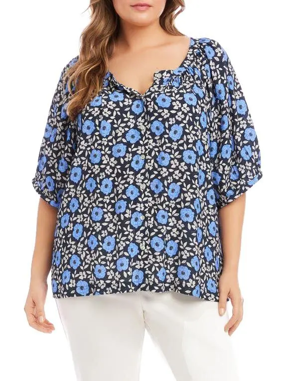 Karen Kane Floral Button-up Peasant Top - Blue Print