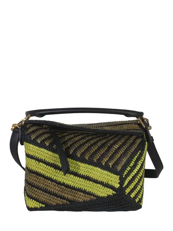 Loewe Anise Olive Raffia And Calfskin Puzzle Bag - Black