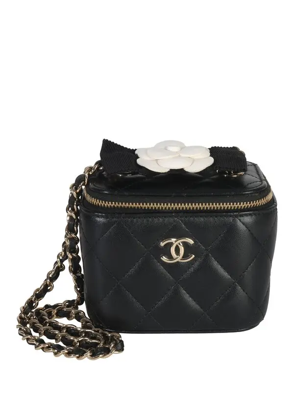 Chanel Quilted Lambskin Camelia Bow Chain Mini Vanity Case - Black