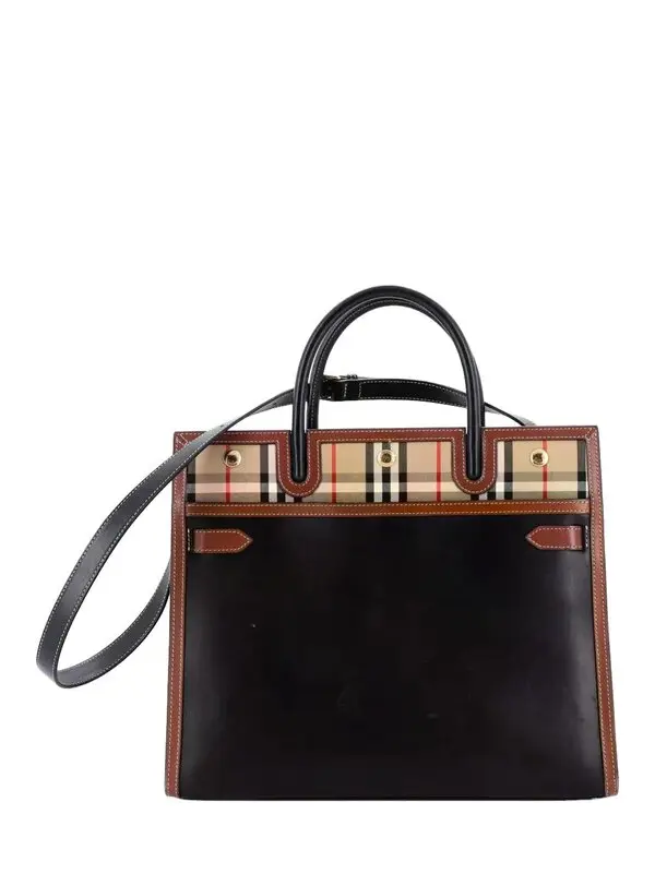 Burberry Title Two Handle Tote Leather With Vintage Check Canvas Medium - Black