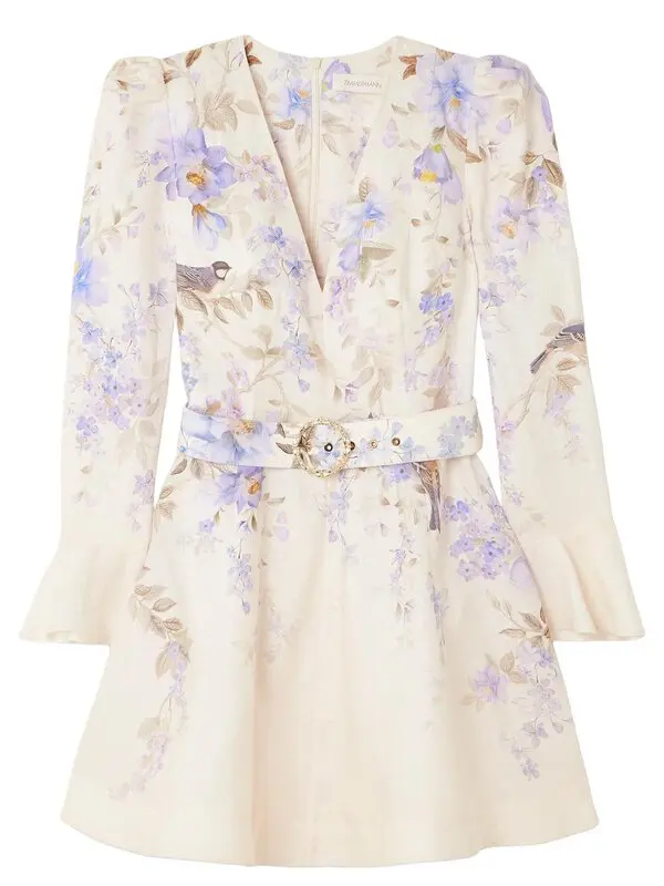 Zimmermann Luna Belted Floral-print Linen Mini Dress - Neutrals