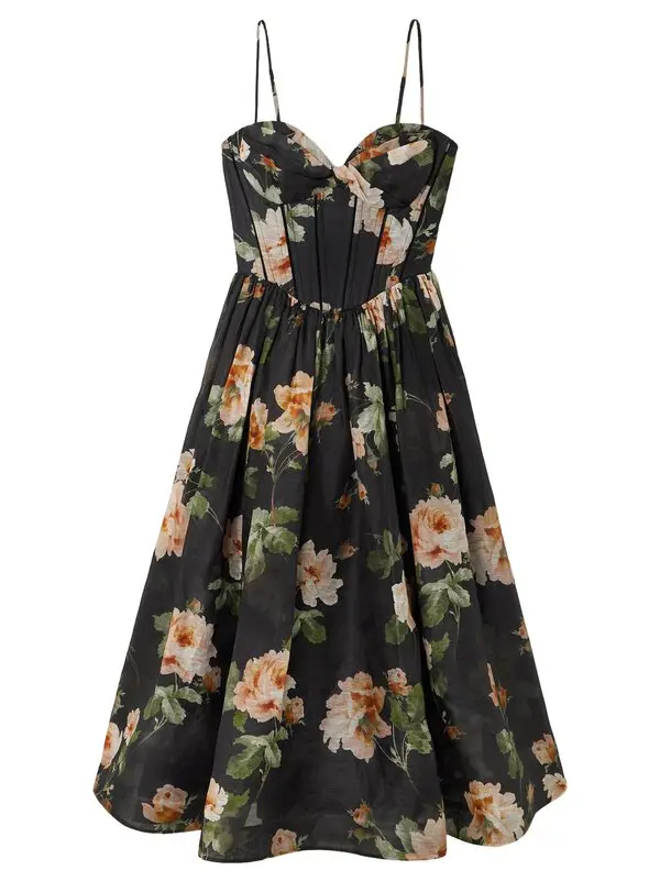 Zimmermann Luna Floral-print Linen And Silk-blend Midi Dress - Black