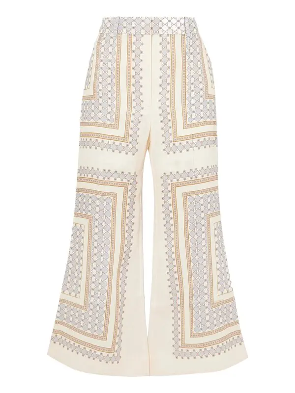 Zimmermann Cropped Flared Printed Linen Pants - Cream