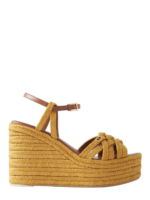 Valentino Garavani 120 Leather-trimmed Logo-embellished Raffia Espadrille Wedge Sandals - Brown