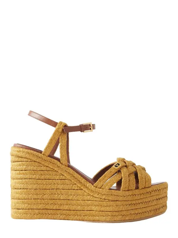 Valentino Garavani 120 Leather-trimmed Raffia Espadrille Wedge Sandals - Tan