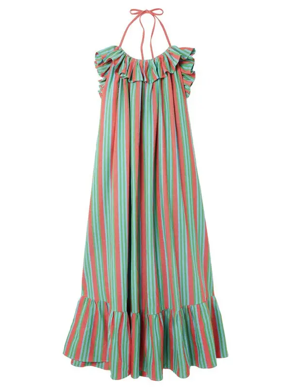 MARRAKSHI LIFE Ruffled Tiered Striped Halterneck Maxi Dress - Green