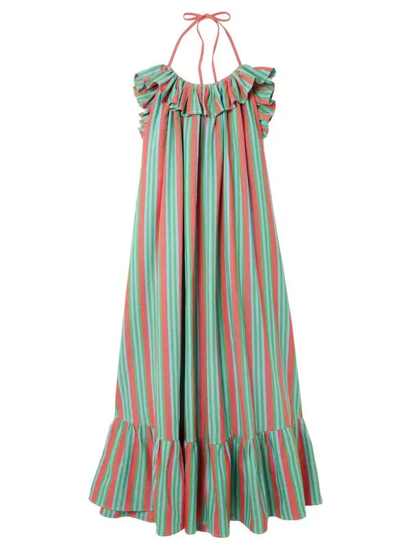 MARRAKSHI LIFE Ruffled Tiered Striped Halterneck Maxi Dress - Green