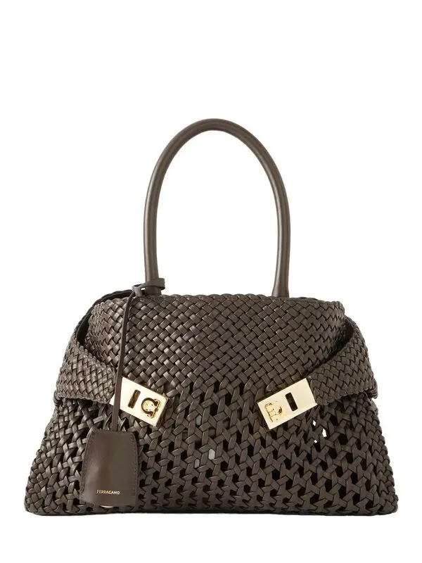 FERRAGAMO Hug Small Woven Leather Tote - Brown