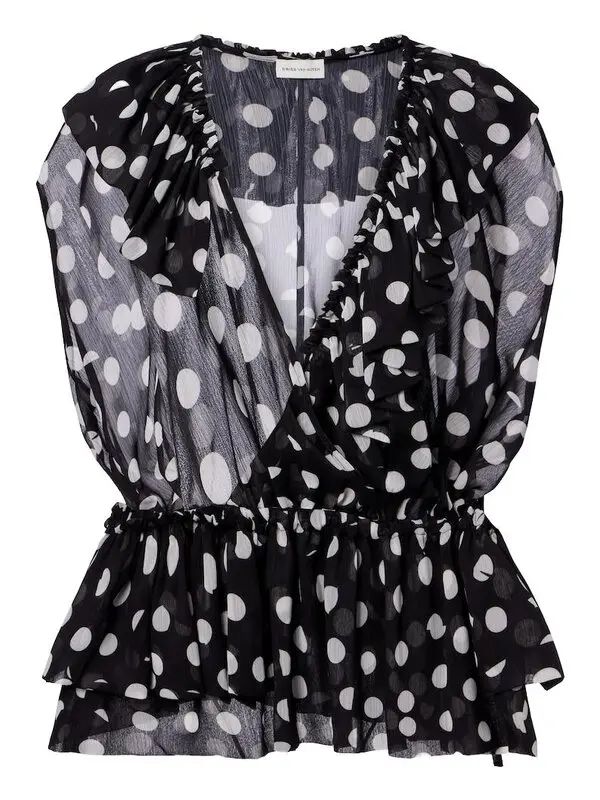 Dries Van Noten Polka Dot Ruffled V-neck Top - Black