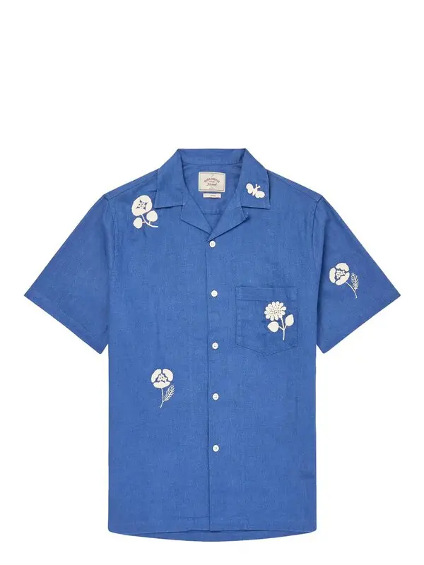 Portuguese Flannel Convertible-collar Embroidered Ramie Shirt - Blue